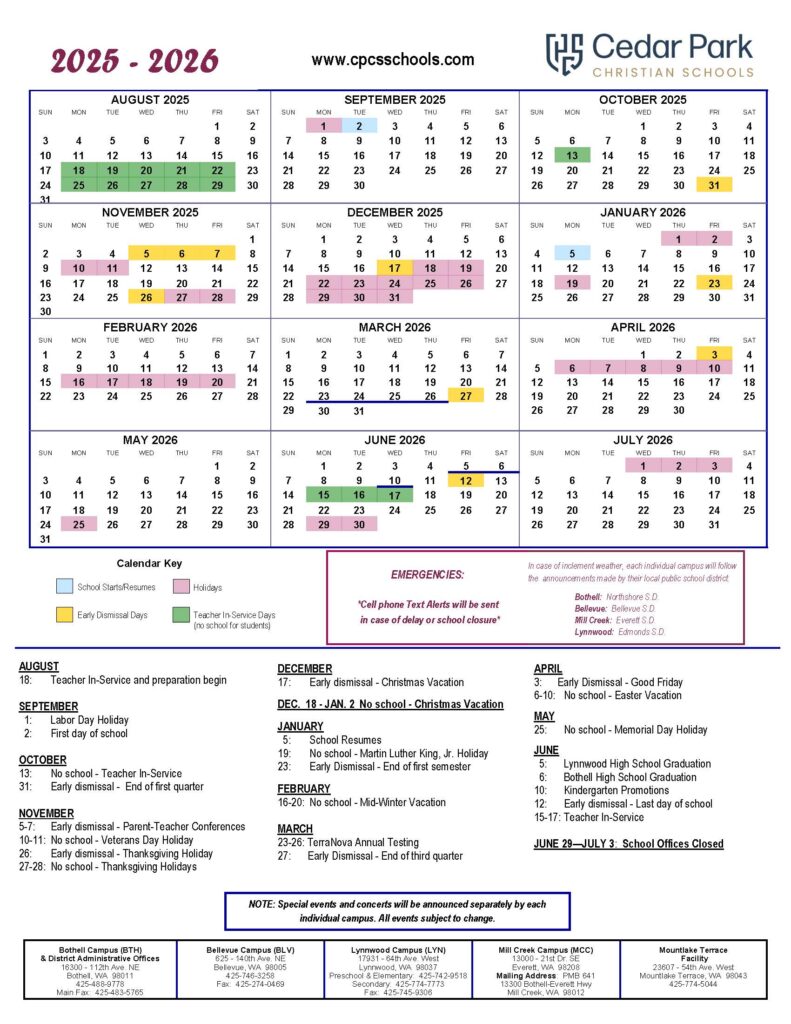 Academic Calendars - Cedar Park Christian Schools